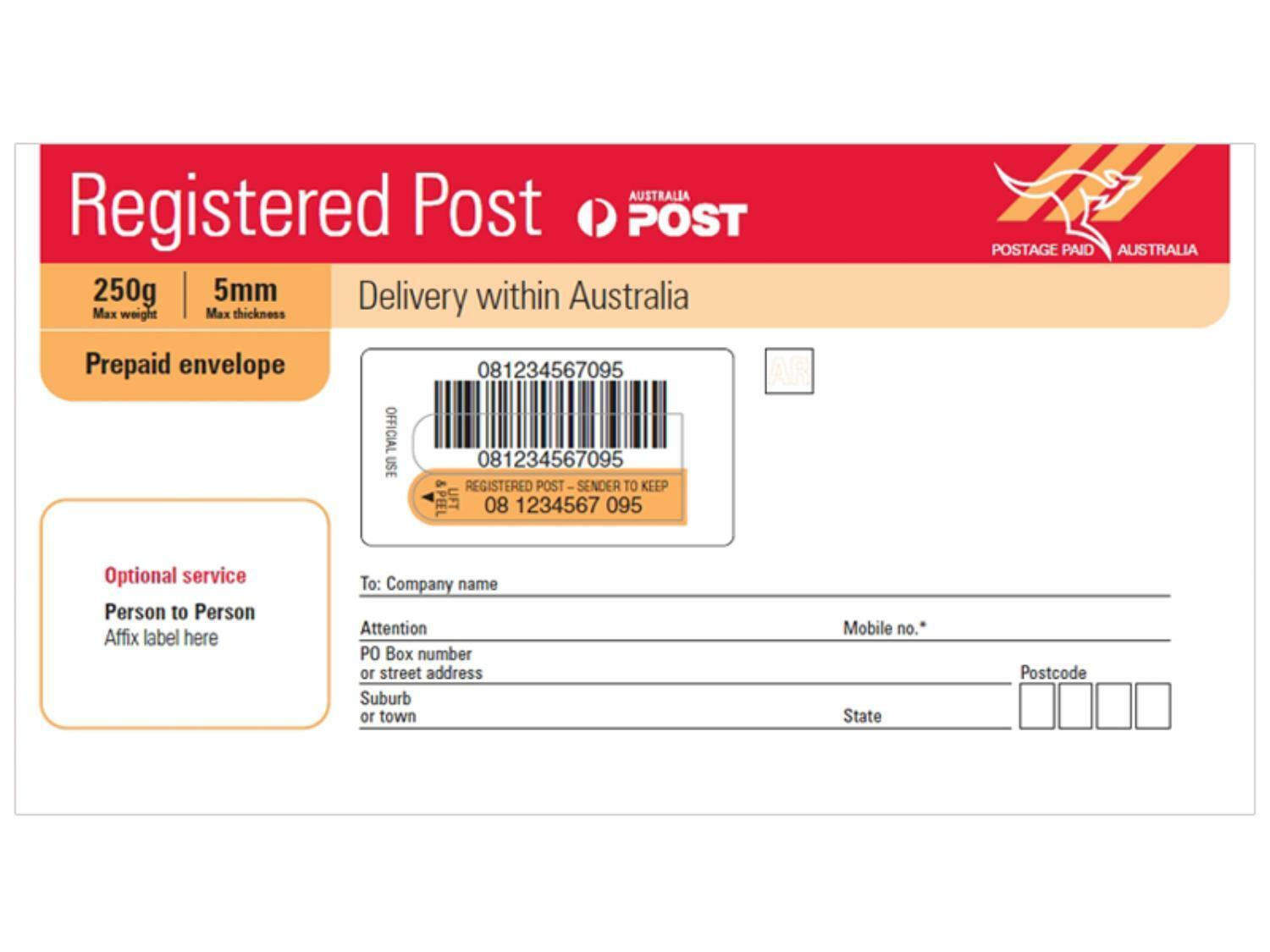 Australia Post Registered Post DL Prepaid Envelope – 10 Pack